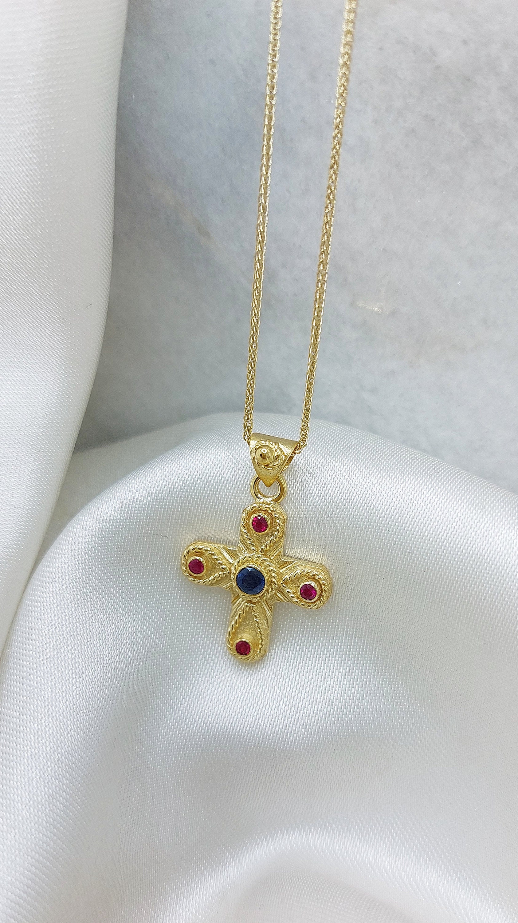Βyzantine Handmade Gold Cross With Natural Sapphire Bezel Set in the ...