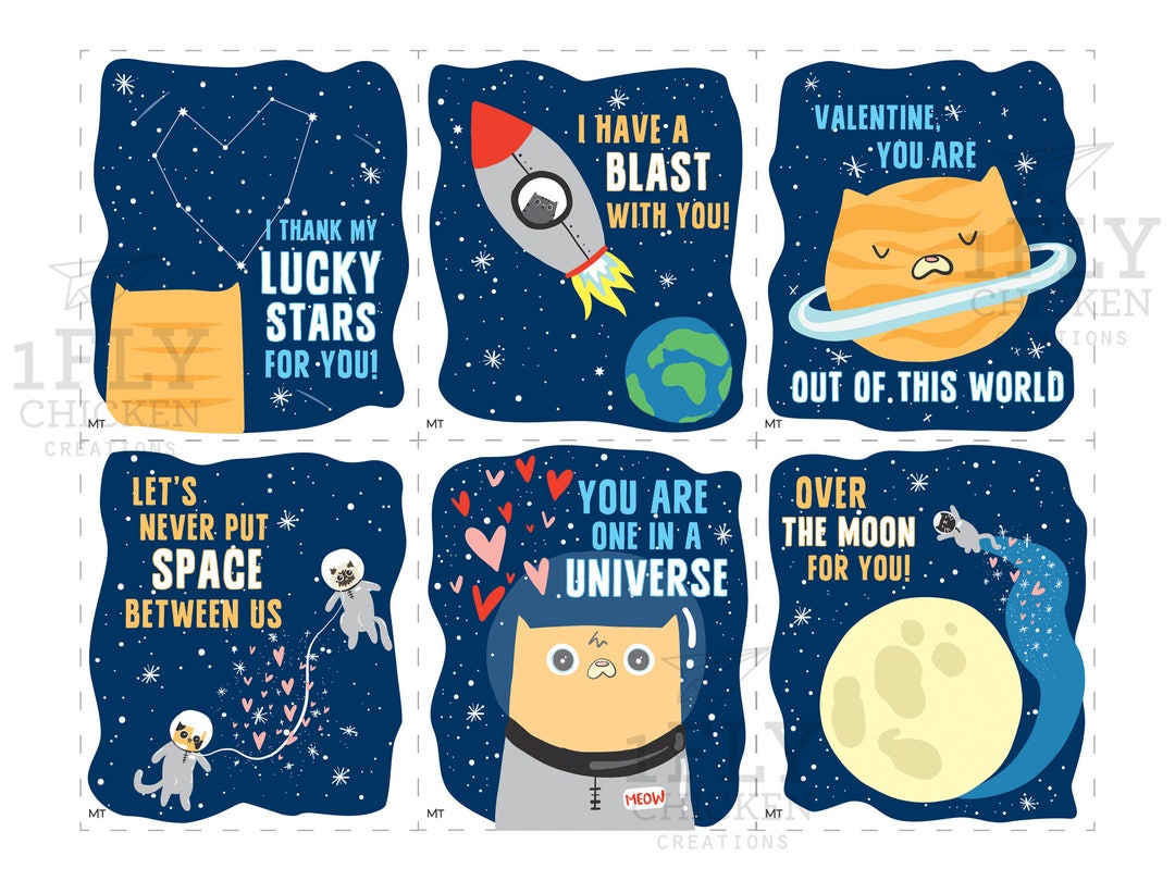 Printable Space Cats Valentines Cards Kids Cutout DIY Valentines Cute ...