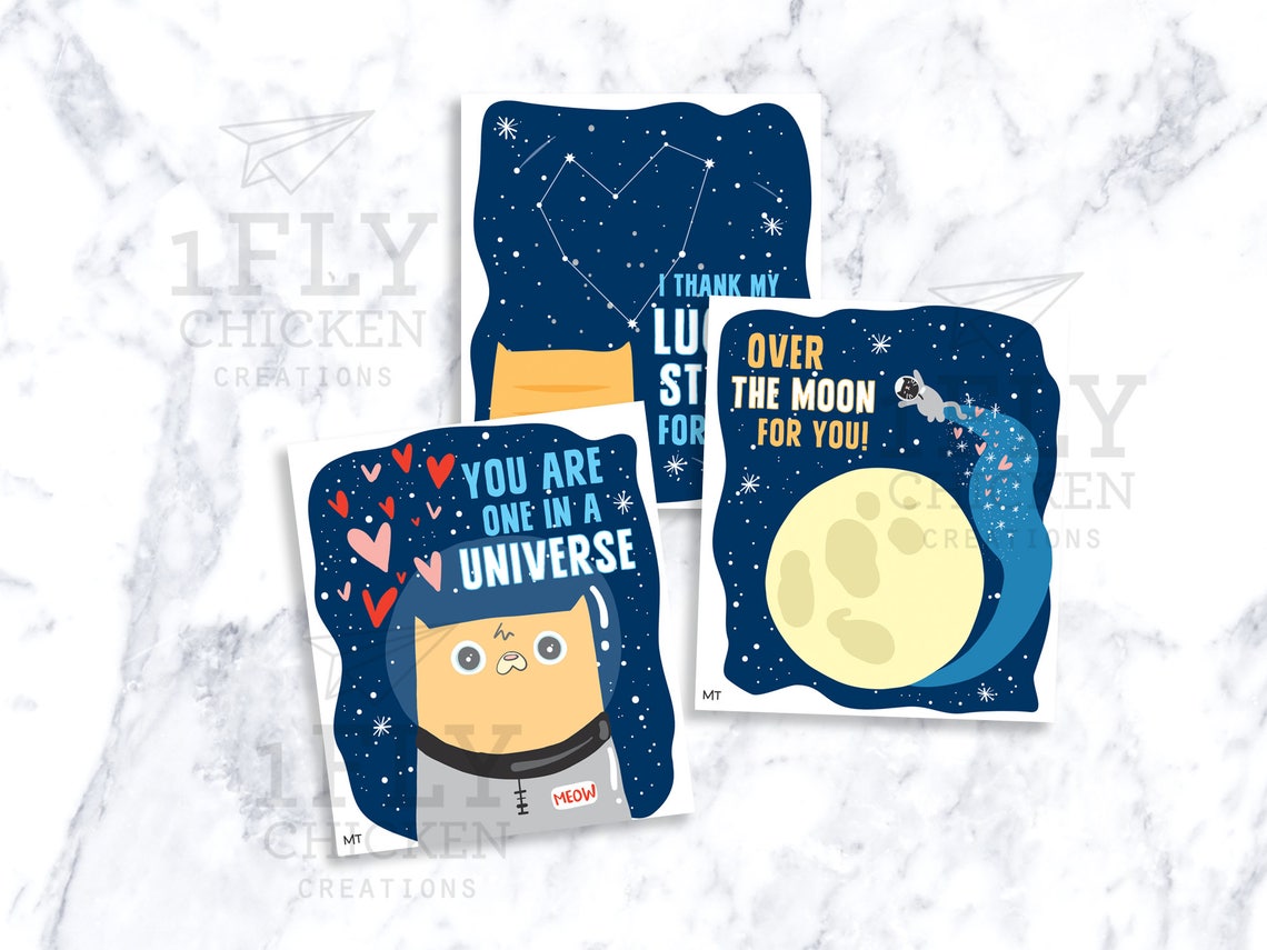 Printable Space Cats Valentines Cards Kids Cutout DIY - Etsy