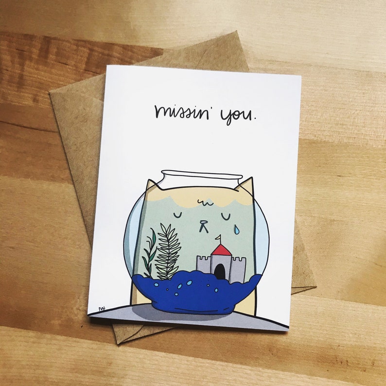Printable Missing You Sad Card - Cute Cat + Fishbowl Goodbye Farewell ...