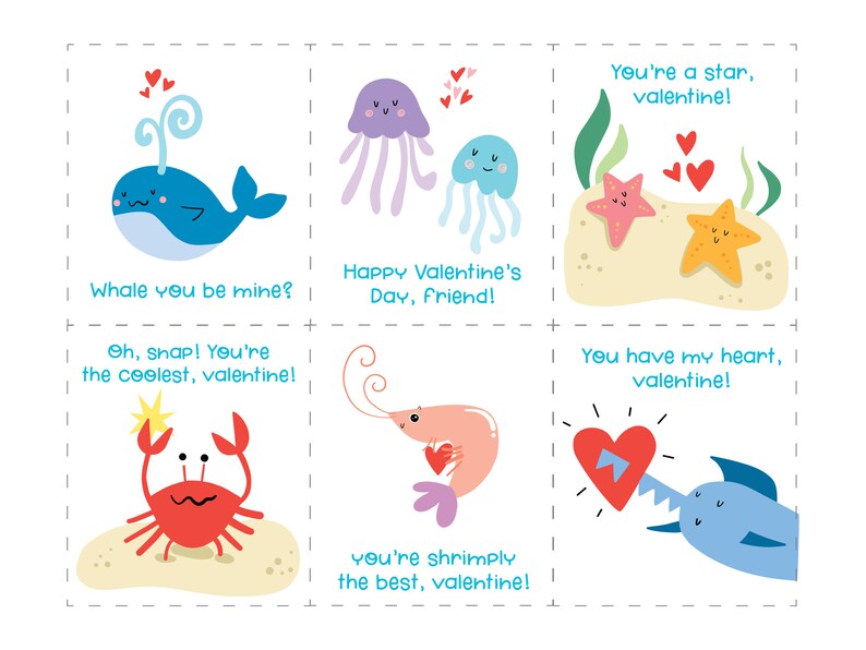 Printable Sea Animals Valentines Day Cutout for Kids Cute - Etsy