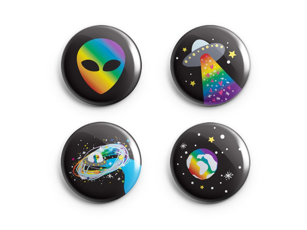 Rainbow Alien Pins and Magnets - 1 Inch Rainbow Alien UFO Button Sets ...
