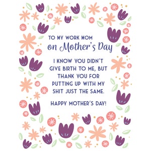 Mothers Day Card for Work Mom - Printable Card Thanks for Putting up ...
