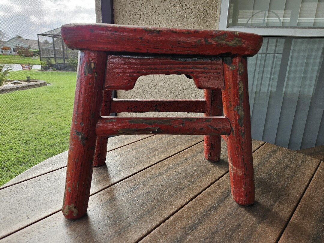 Small Antique Wood 4-legged Stool Red Chippy Paint Primitive - Etsy