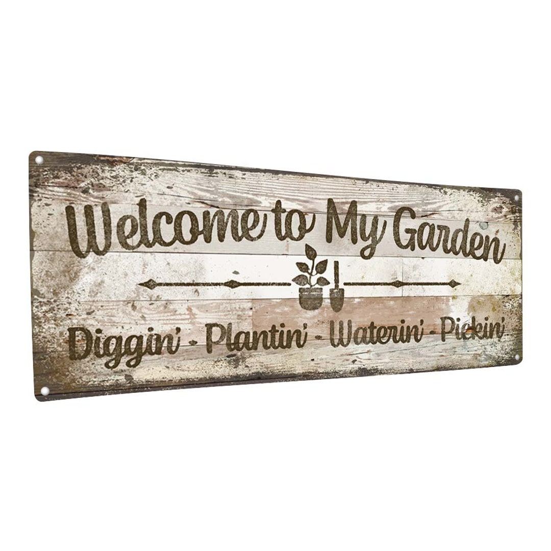 Welcome to My Garden With Plant Image Wood-look Metal Sign; Indoor ...