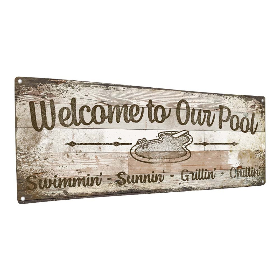 Welcome to Our Pool With Pool Image Wood-look Metal Sign; Indoor ...