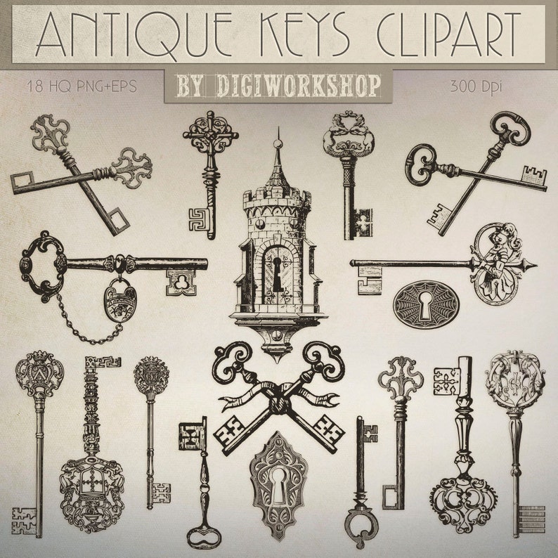 Antique Keys Clip Art Antique Keys Clipart | Etsy