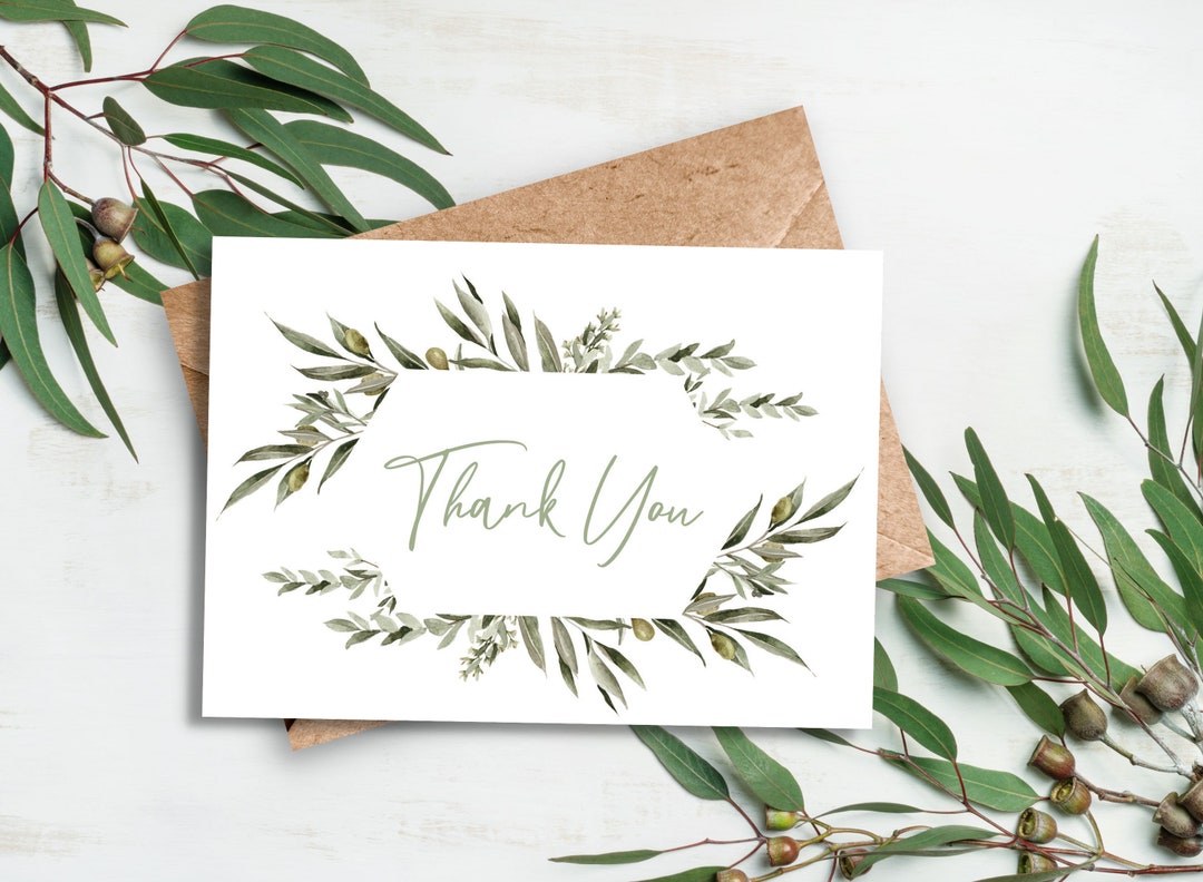 Olive Leaf Thank You Card, Calligraphy Style Digital Thank You Template ...