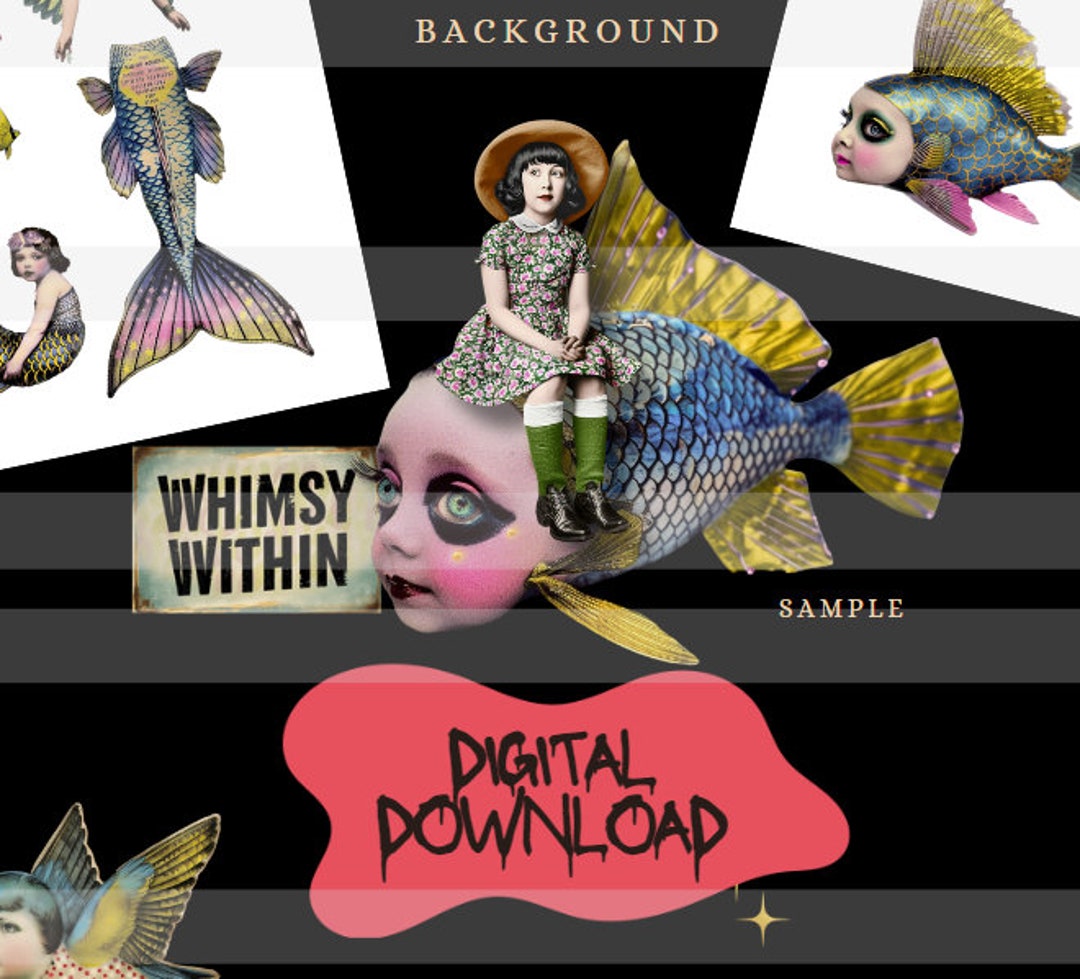 Whimsical Mermaid Fish, Digital Collage Sheet Clipart Fussy Cut Images ...
