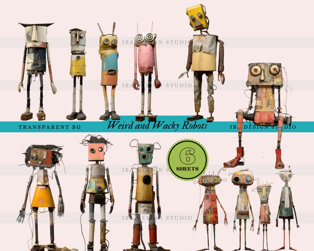 6 Sheets - Mixed Media Robot People Graphics, Weird Whimsical Clipart ...