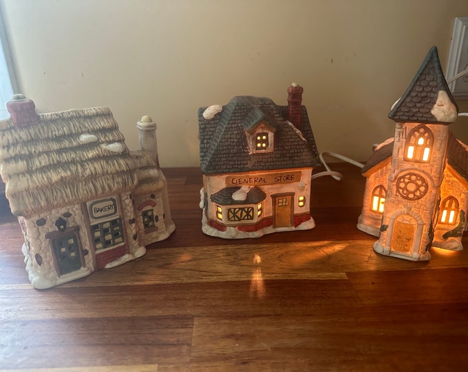 Christmas Village Lighted Bakery, General Store, Church Medium Sized ...