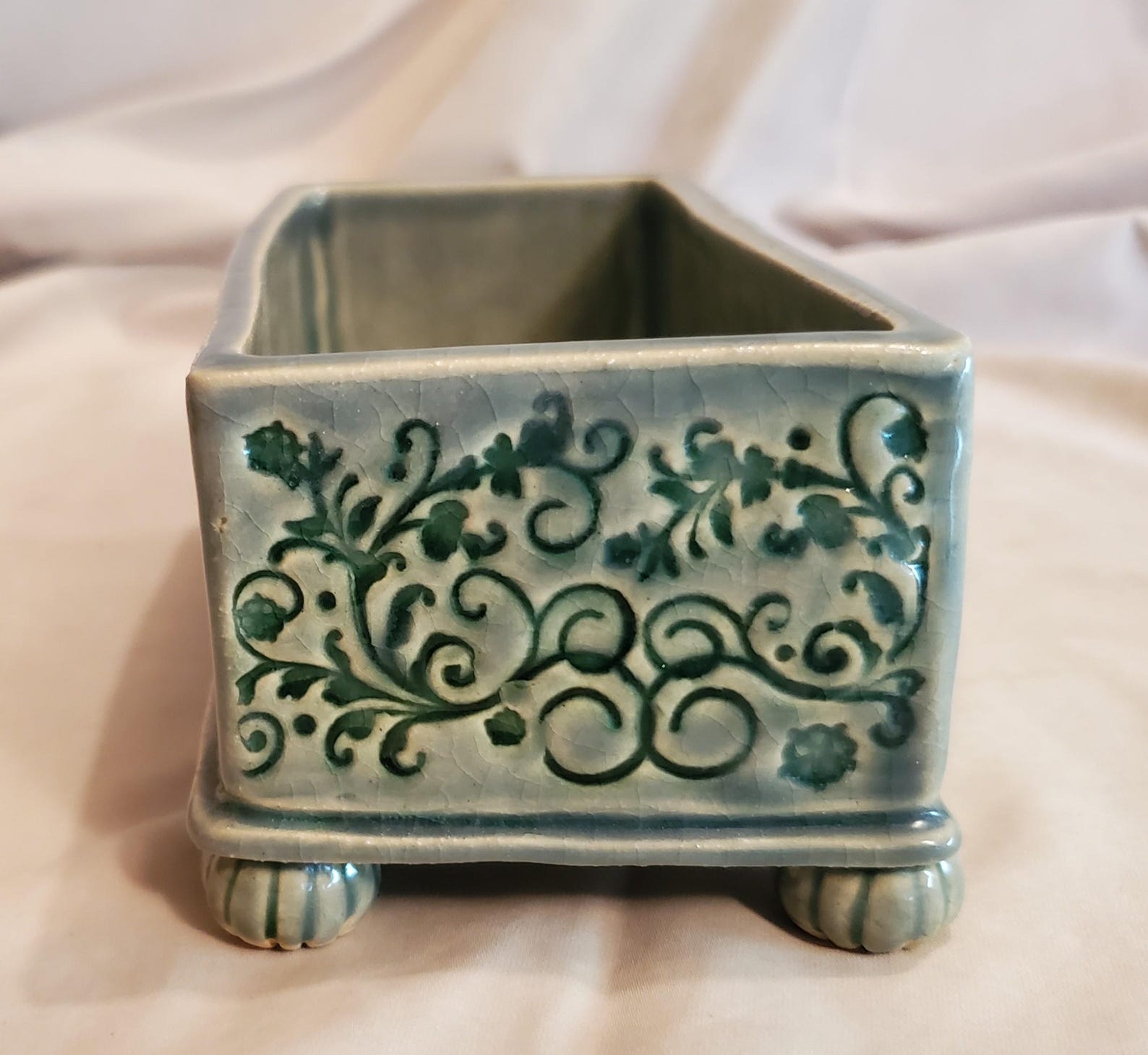 Succulent Planter Rectangle Green/gray Glossy Glaze Ball Feet Great for ...