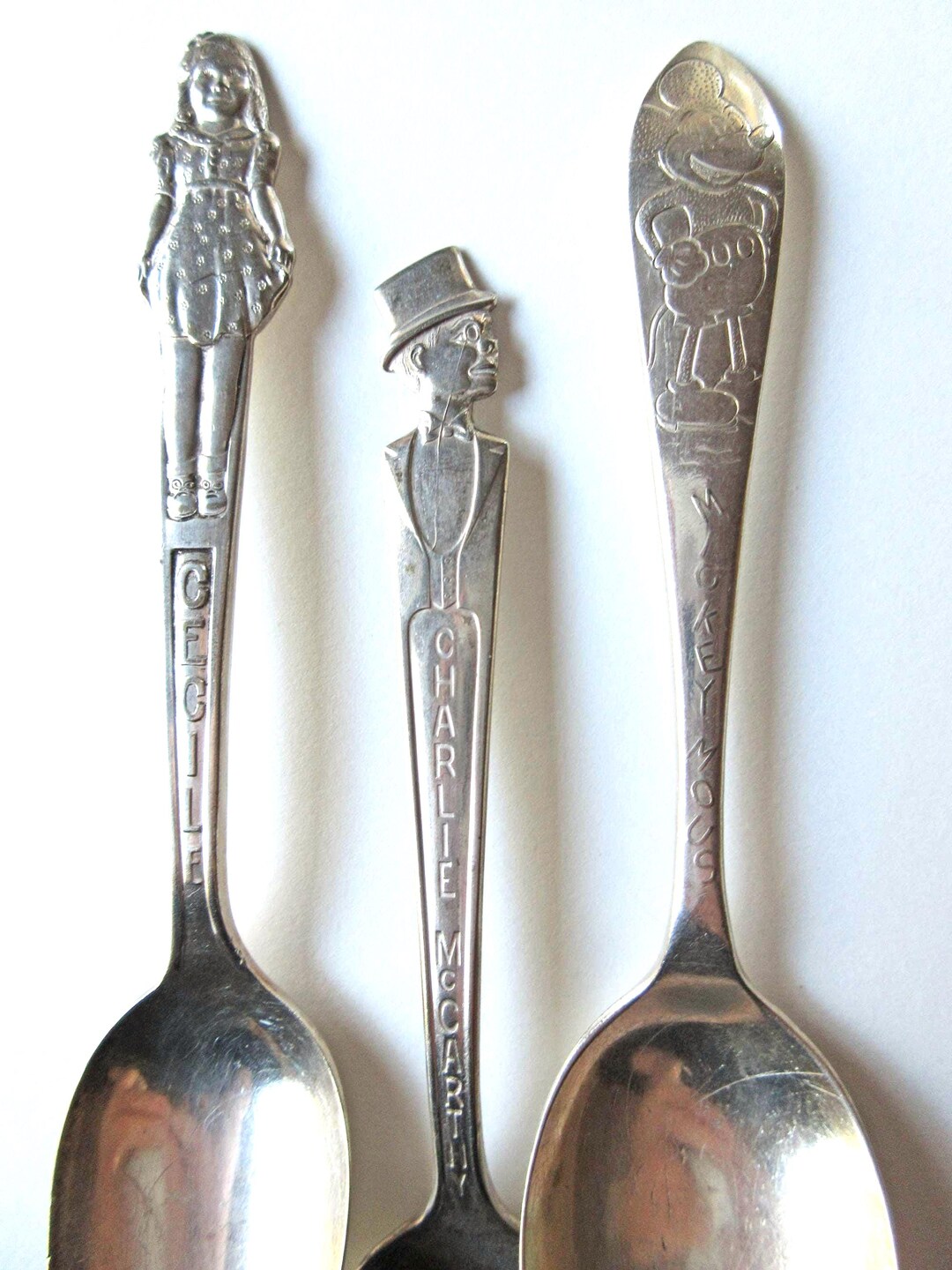 1930's Silver Plated Children's Spoons: Mickey Mouse, Charlie Mccarthy ...