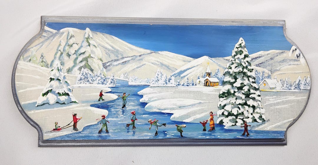 Winter Scene Acrylic Painting on Wood, Ice Skaters - Etsy