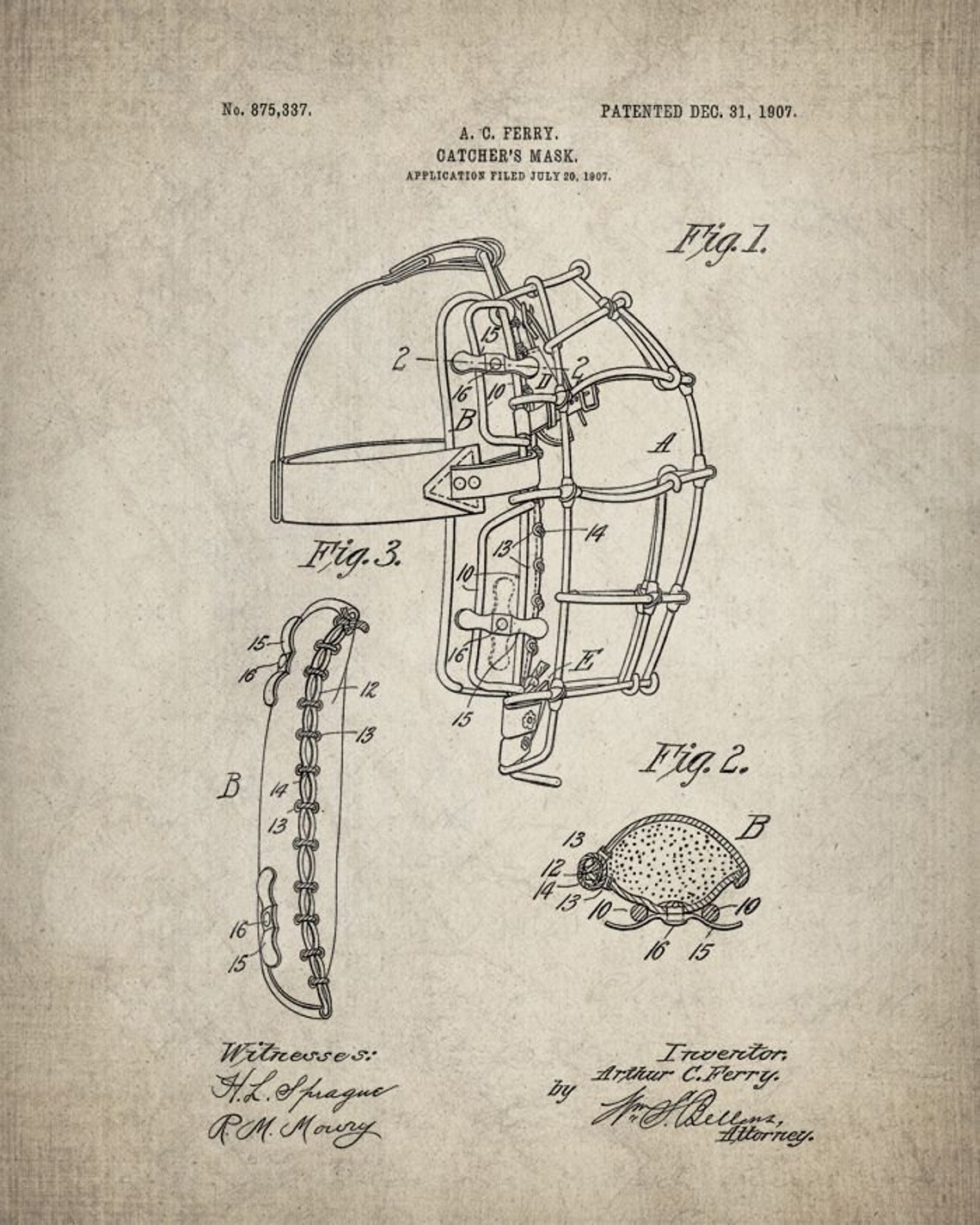 Vintage Baseball Catchers Mask Patent Poster Print Baseball | Etsy