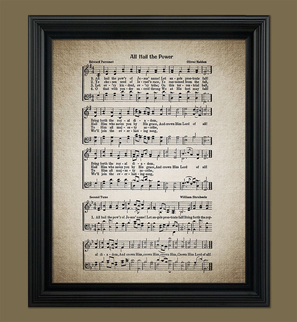 All Hail the Power of Jesus Name Hymn Print Sheet Music Home Decor Inspirational Art Instant ...