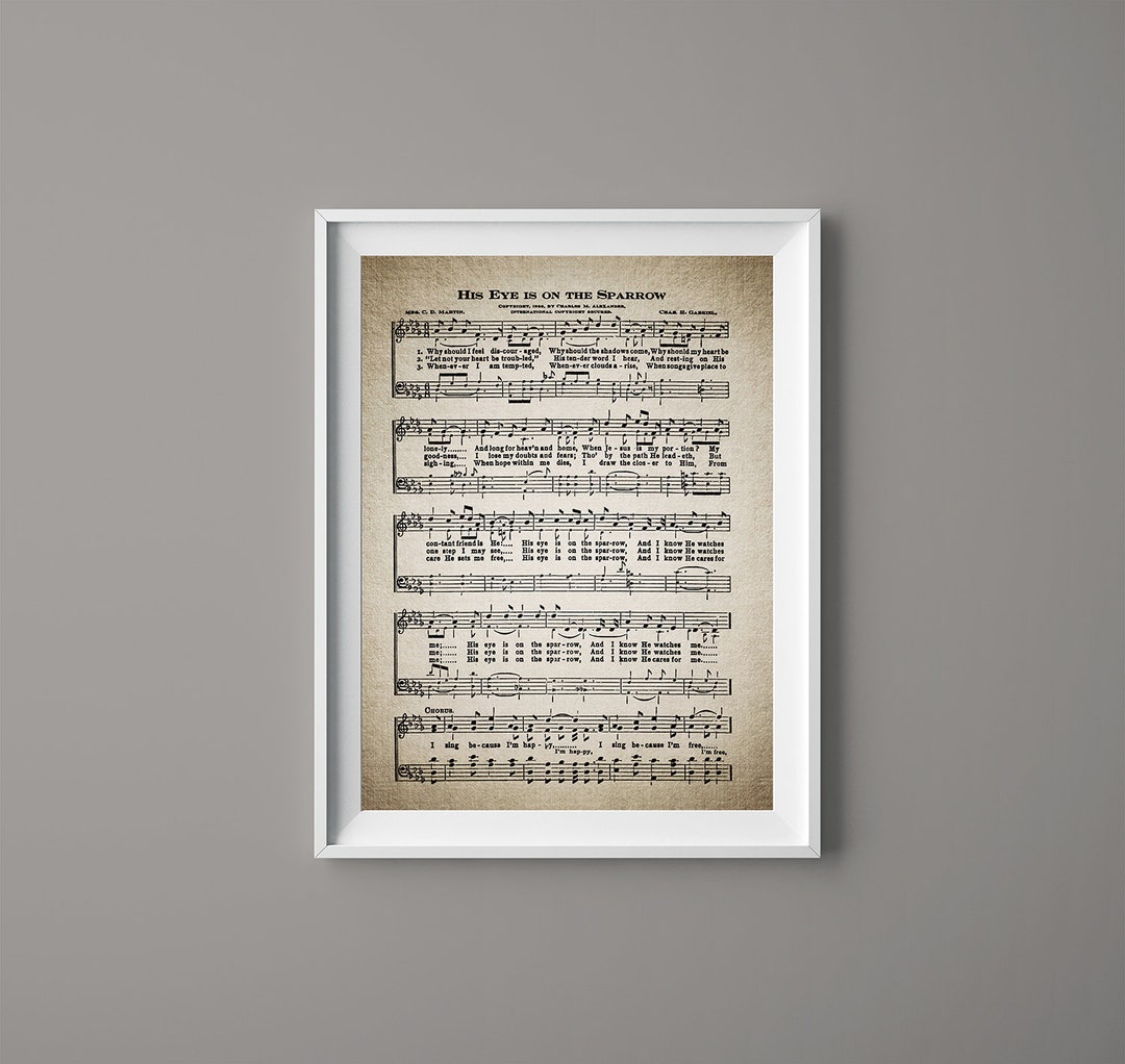 His Eye is on the Sparrow Hymn Print - Sheet Music Art - Hymn Art ...
