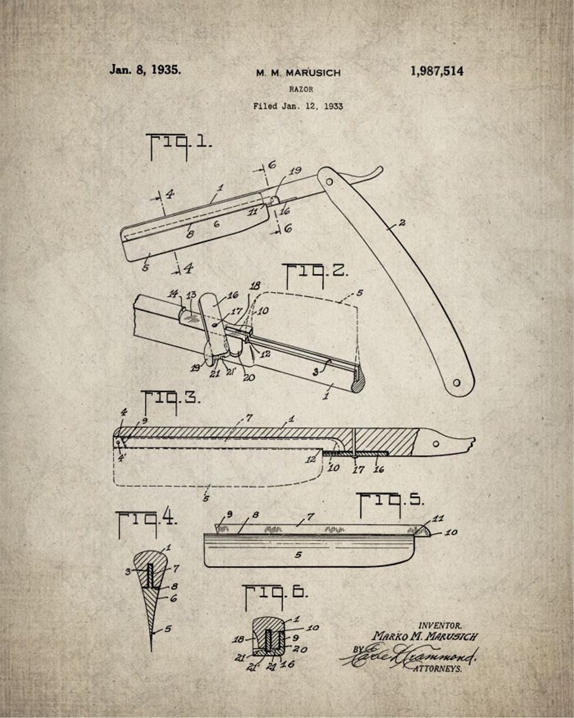Vintage Straight Razor Barber Tool Patent Print Instant | Etsy