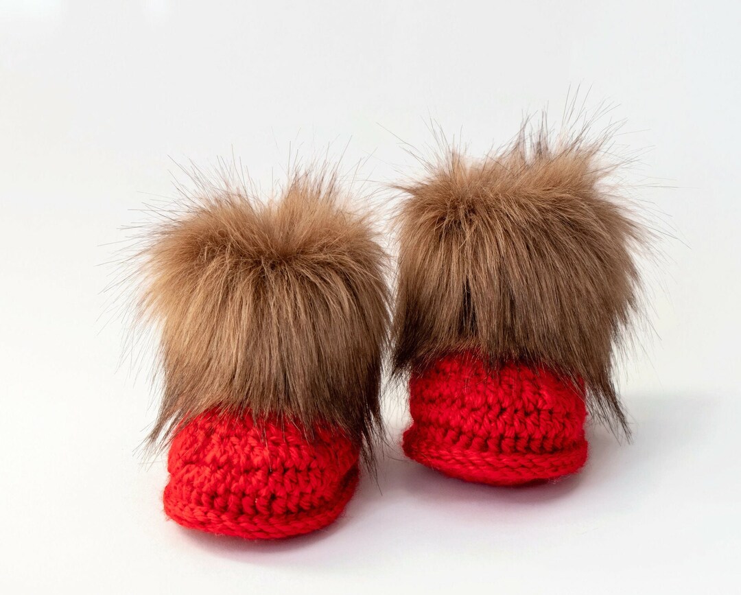Red Baby Booties, Faux Fur Booties, Red Baby Shoes, Crochet Booties ...