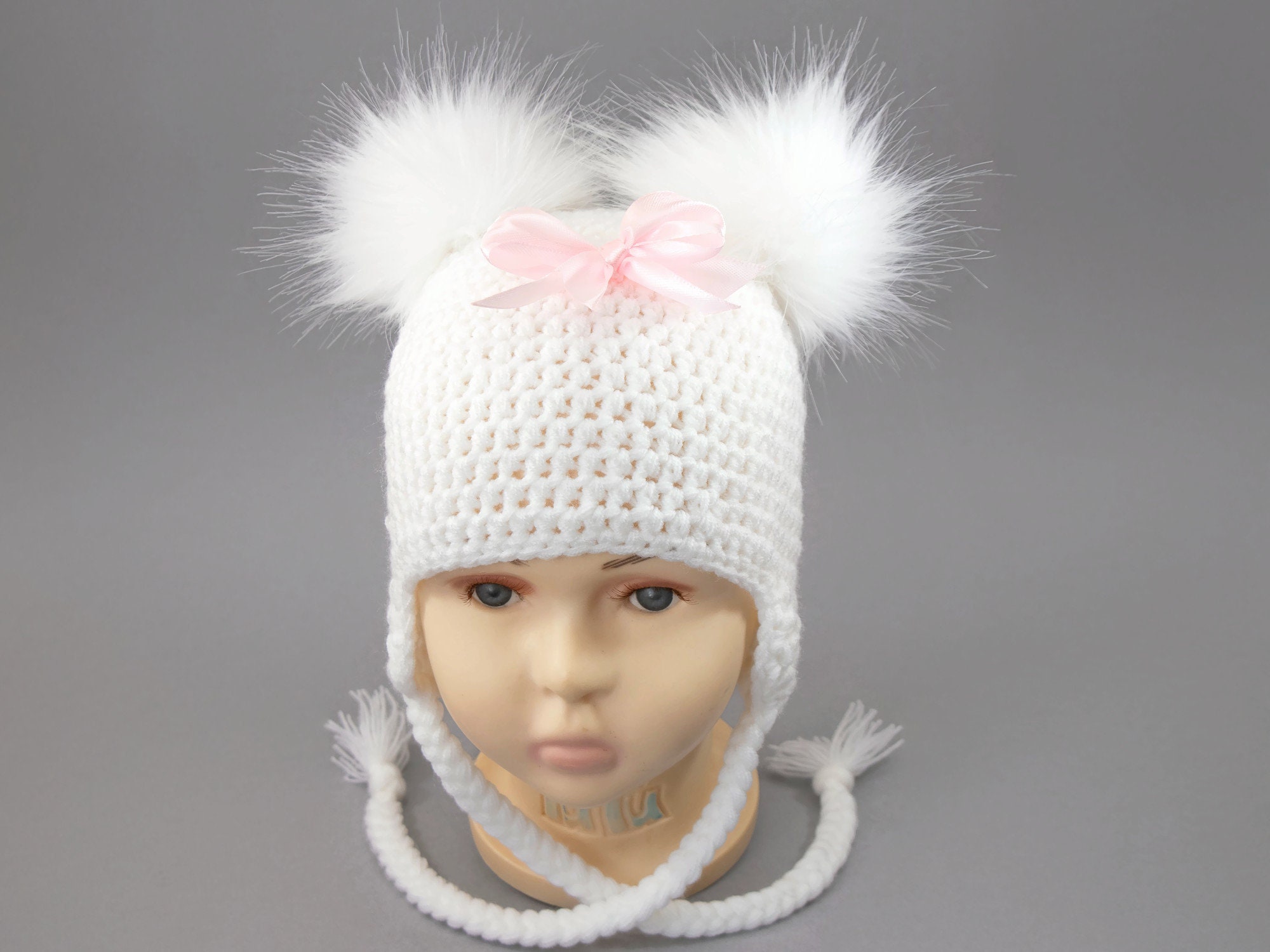 White Double Pom Earflap Hat With Bow Newborn Girl Hat Baby - Etsy
