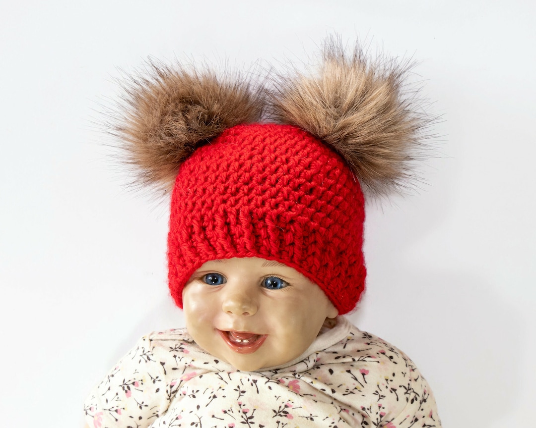 Red Baby Hat, Double Pom Pom Hat, Fur Pom Pom Beanie, Teen-adult Hat ...