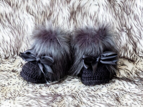 Black Baby Booties with bows Faux Fur booties Black Baby | Etsy