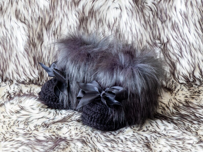 Black Baby Booties with bows Faux Fur booties Black Baby | Etsy