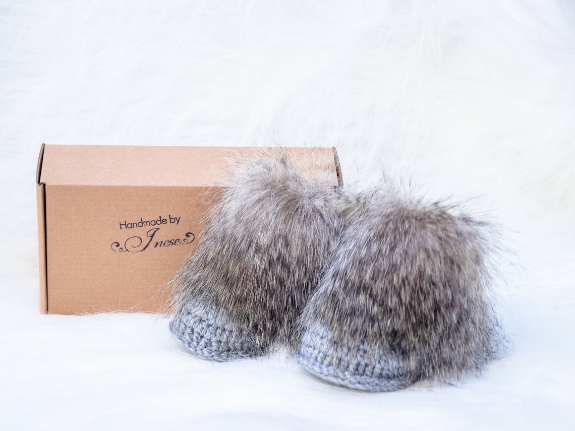 Gray booties Baby winter boots Faux Fur Baby Booties | Etsy