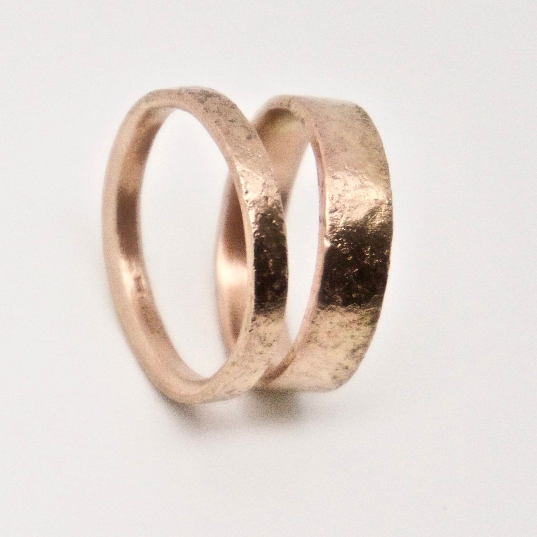 Rose Gold Wedding Band Distressed Textured Wedding Ring Set 9 Carat ...