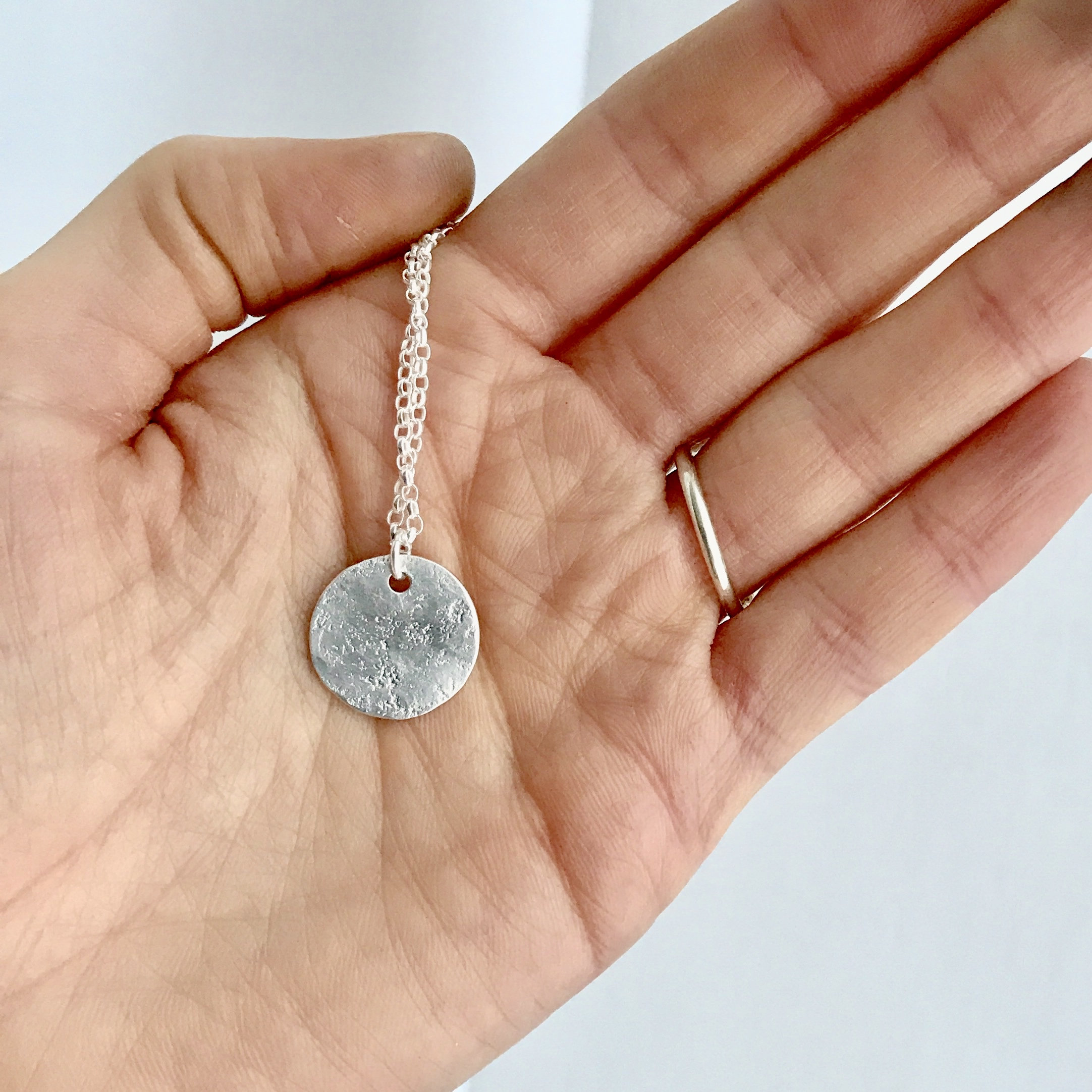 Silver Moon Pendant - Celestial Silver Full Moon Disc Necklace - Minimal Jewellery - Hammered ...