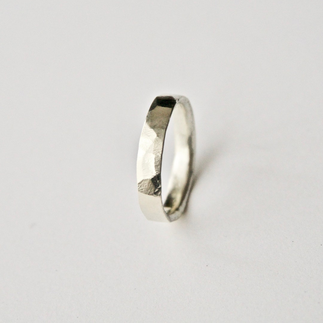 White Gold Hammered Ring 9 Carat Flat Hammer Textured Rustic Wedding ...