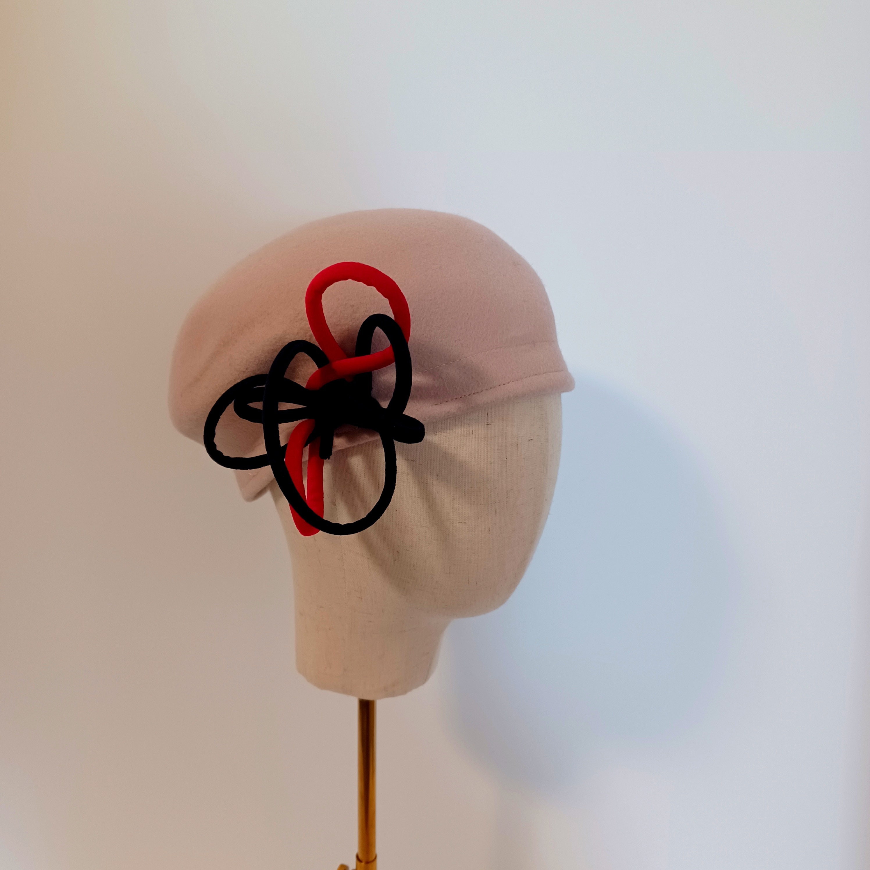 Beige Sixties Style Beret With Side Piped Ribbon Loop Bow, Black, Red ...
