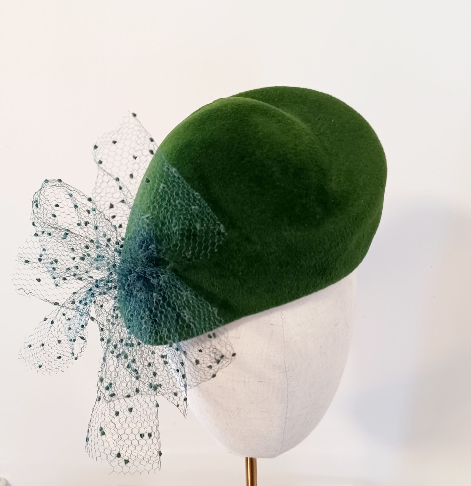 Forest Green Felt Percher or Mini-beret Fascinator With Vintage French ...