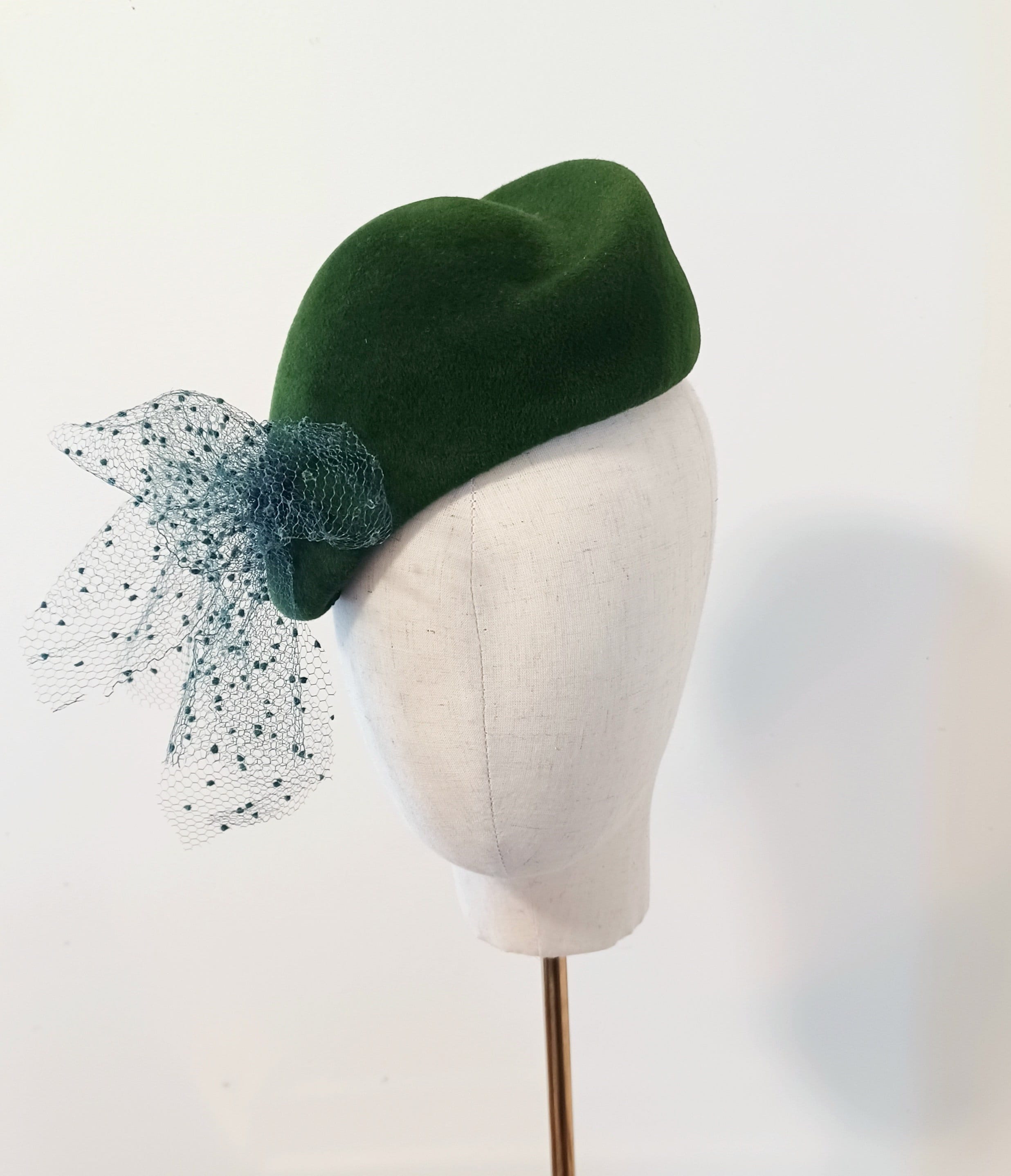Forest Green Felt Percher or Mini-beret Fascinator With Vintage French ...