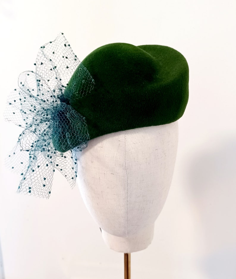 Forest Green Felt Percher or Mini-beret Fascinator With Vintage French ...