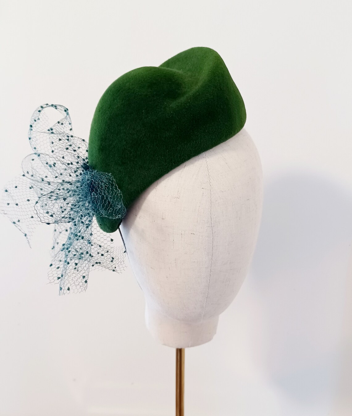 Forest Green Felt Percher or Mini-beret Fascinator With Vintage French ...