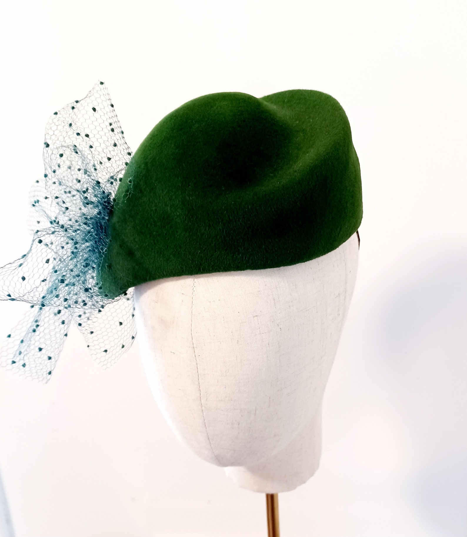 Forest Green Felt Percher or Mini-beret Fascinator With Vintage French ...