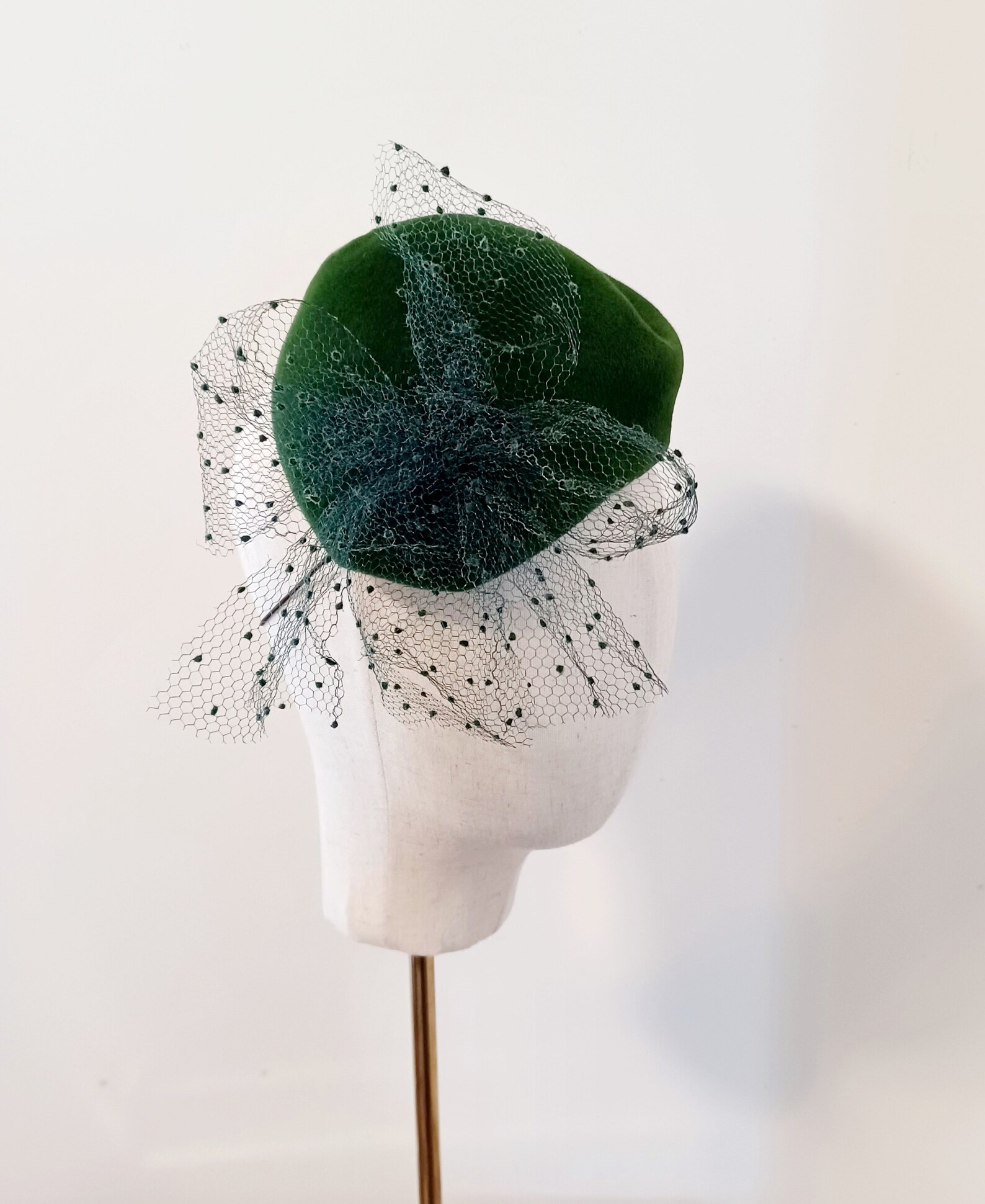 Forest Green Felt Percher or Mini-beret Fascinator With Vintage French ...
