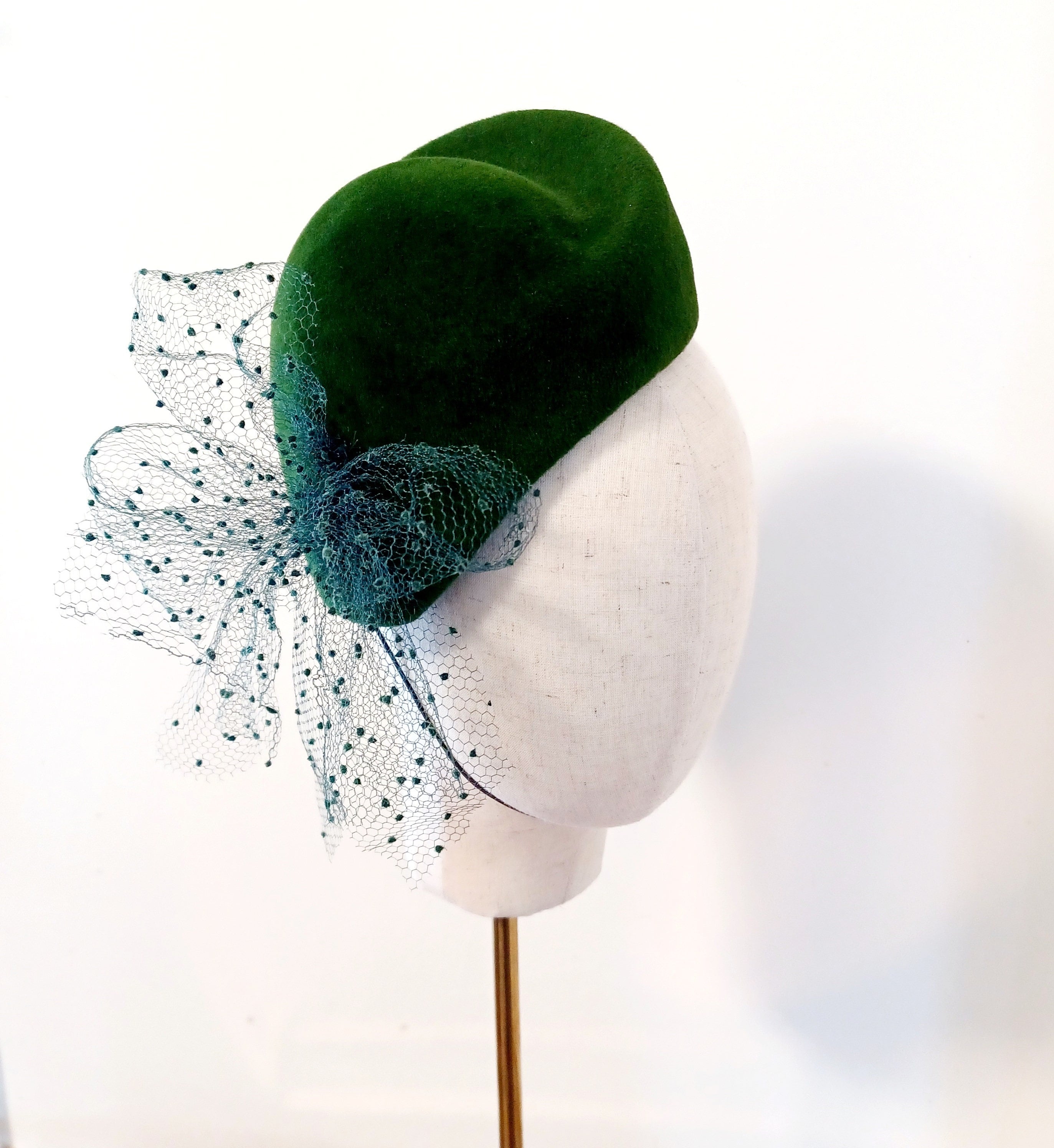 Forest Green Felt Percher or Mini-beret Fascinator With Vintage French ...