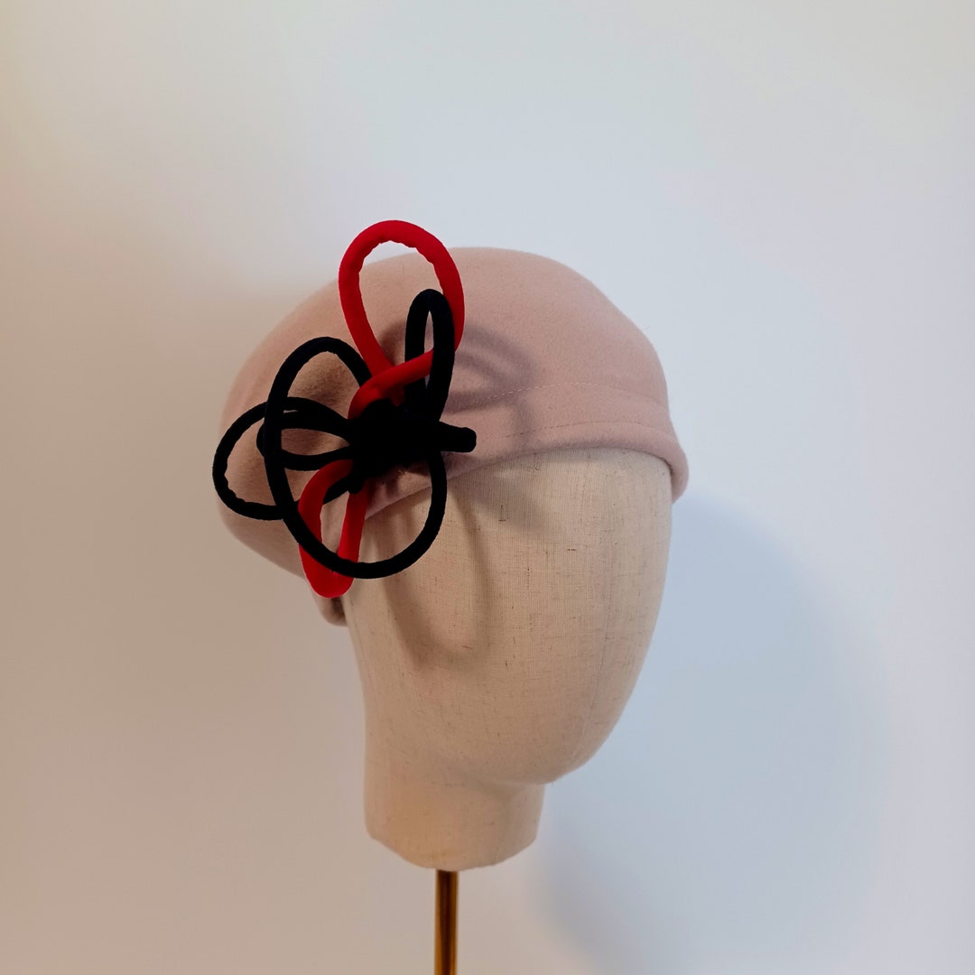 Beige Sixties Style Beret With Side Piped Ribbon Loop Bow, Black, Red ...