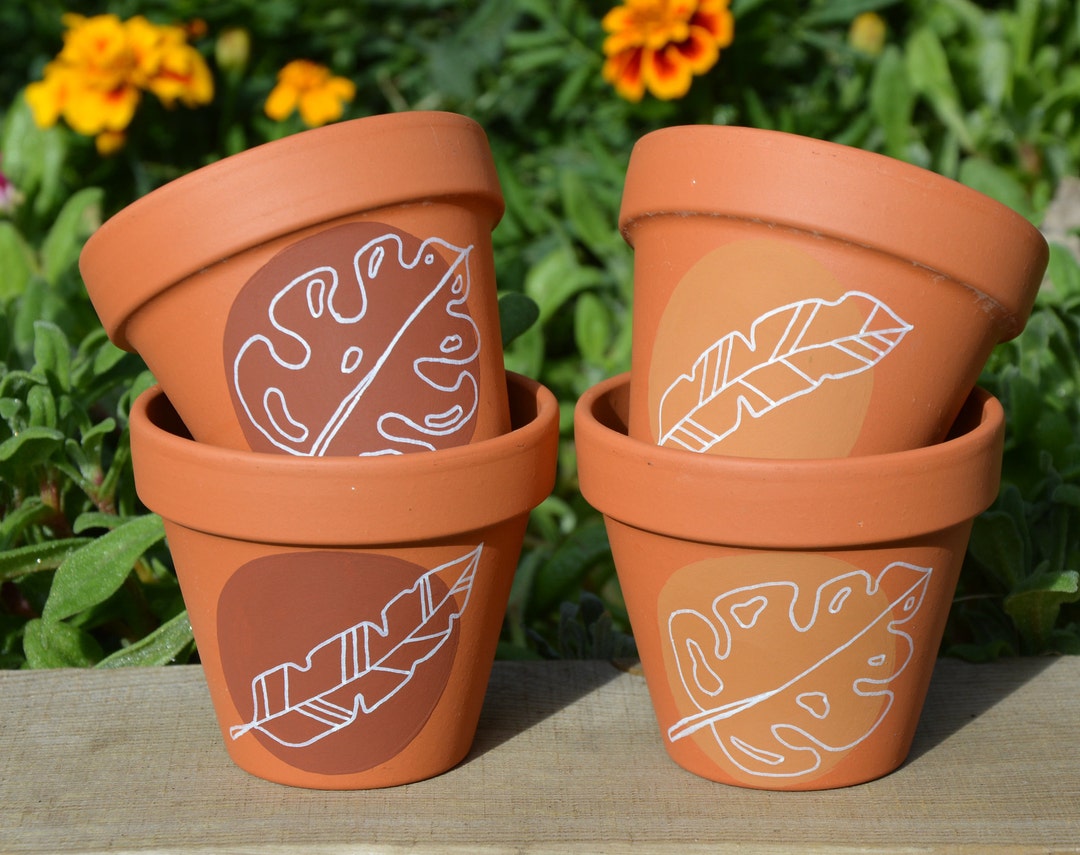 Plant Pot Leaf / Feather Botanical Terracotta Hand Painted - Etsy UK