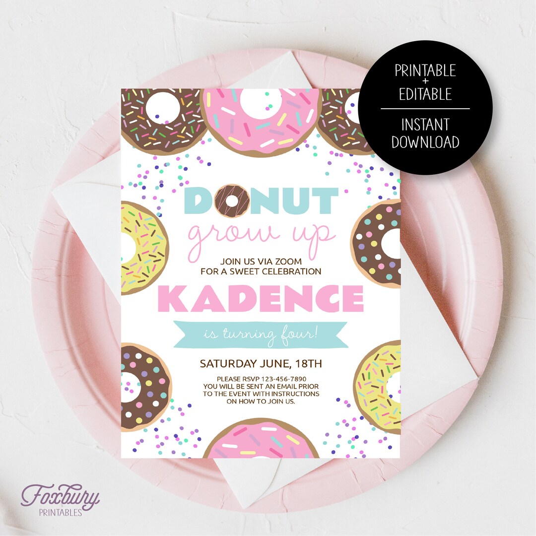 Editable Donut Birthday Printable, Printable Invite, Printable Birthday ...