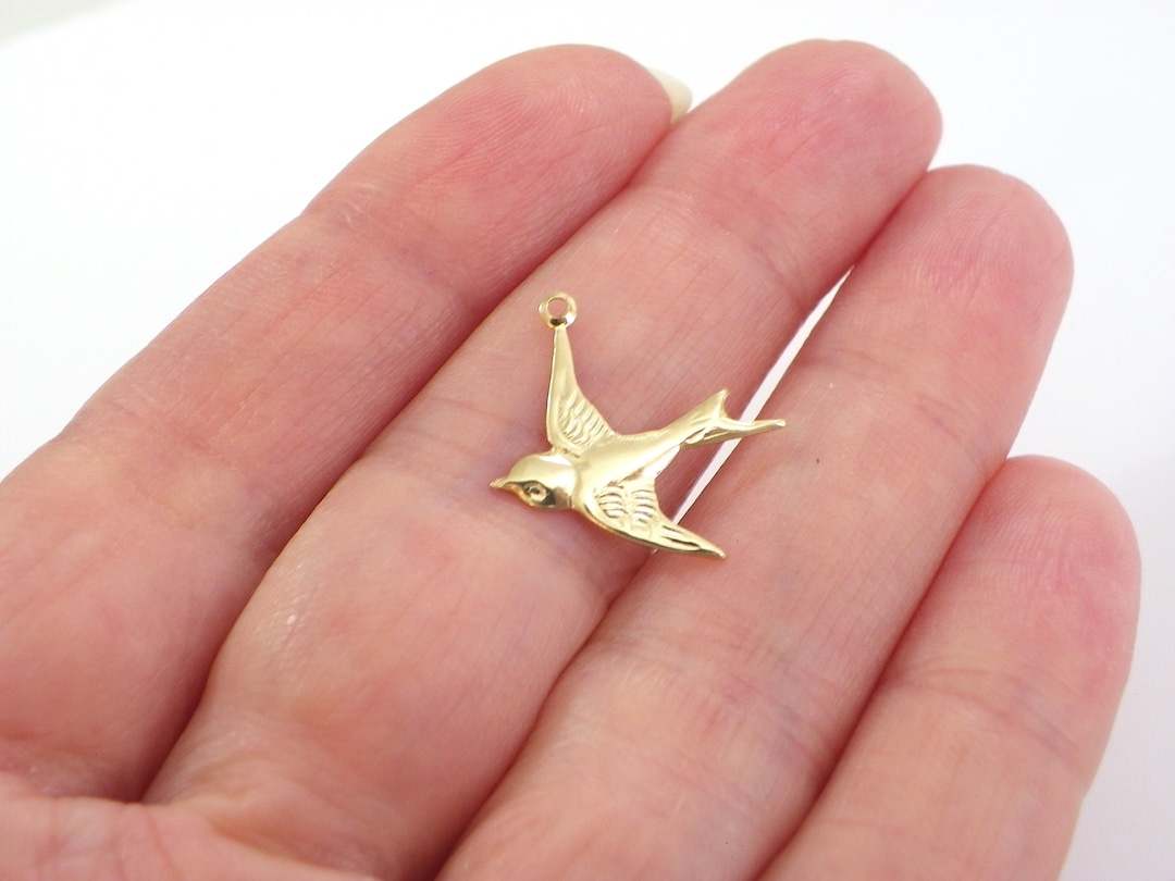 14K Gold Filled Swallow Charm, Small Swallow Pendant, Gold Filled Bird Charm, Delicate Shiny ...