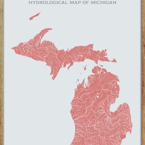 Michigan Hydrological Map of Rivers and Lakes, Michigan Rivers Poster ...