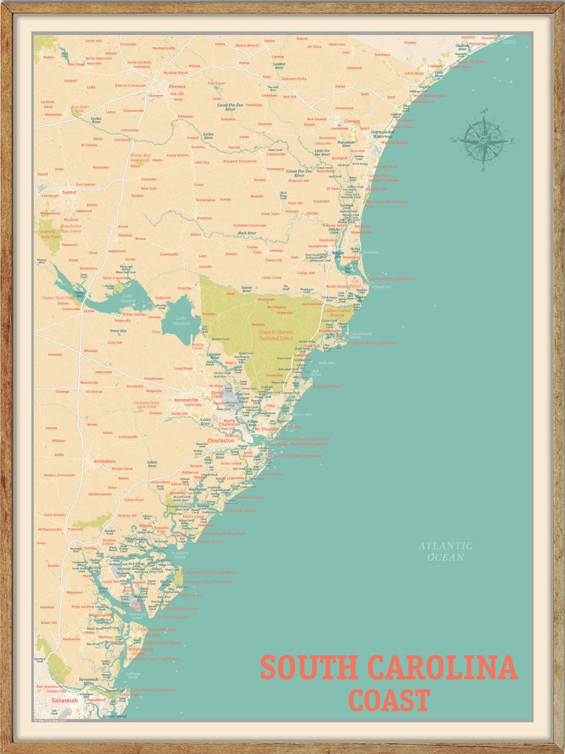 South Carolina Coast Map Print: Retro Beach Poster - Etsy