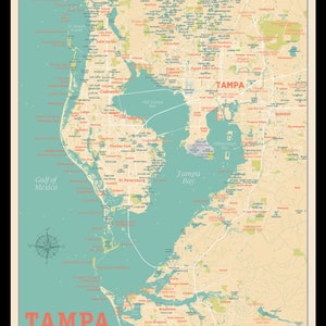 Tampa Coast Map - Tampa Map Print - Tampa Area Beaches Map - Poster ...