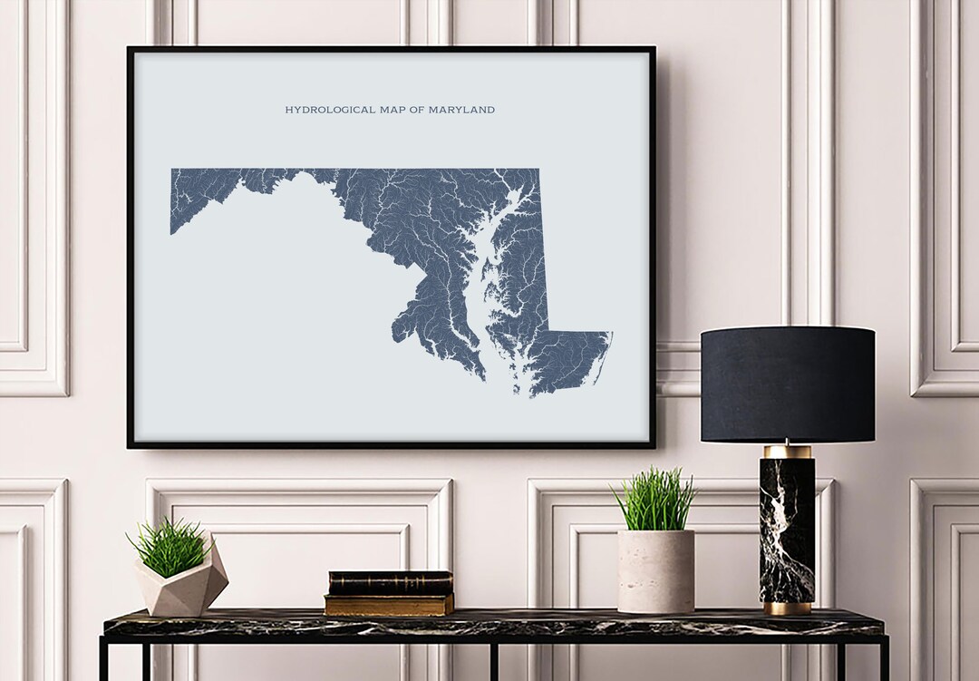 Maryland Hydrological Map of Rivers and Lakes, Maryland Rivers Poster ...