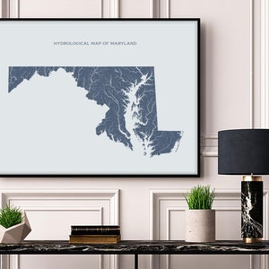 Maryland Hydrological Map of Rivers and Lakes, Maryland Rivers Poster ...