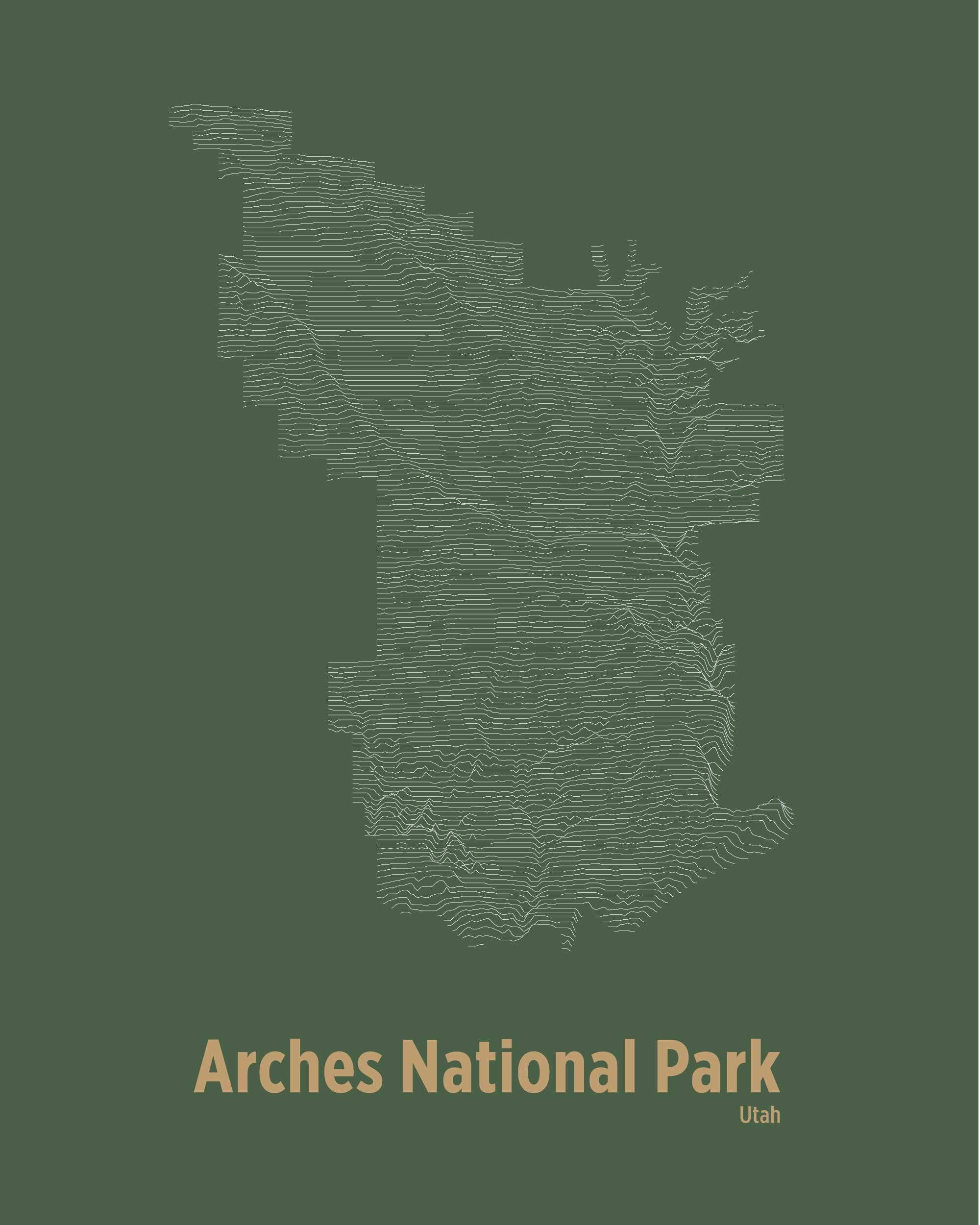 Arches National Park Ridgeline Map - Geographic Contours Print of ...
