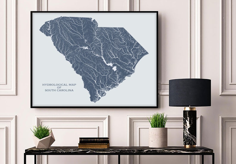South Carolina Hydrological Map of Rivers and Lakes South | Etsy